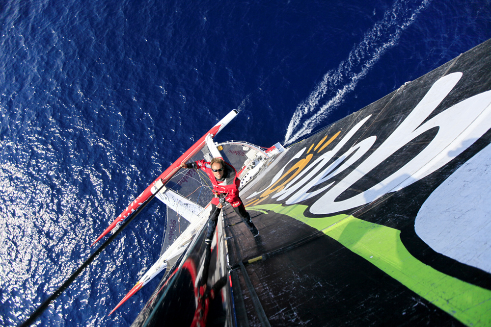 Thomas Coville and the trimaran Sodebo during a sea trial in Marseille ...